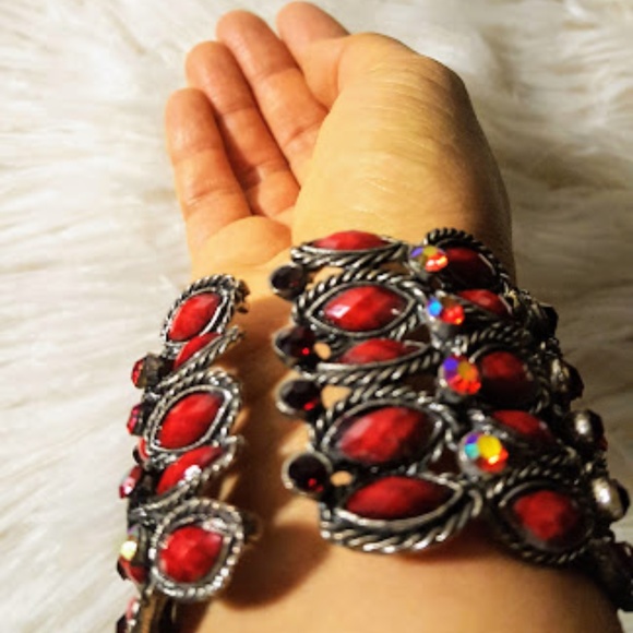 Jewelry | Red Cuff Metal Cuff Rhinestone Bracelet | Poshmark